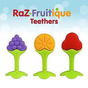RaZbaby Infant & Baby Massager & Teether Toy 3-Pack, Fruit-Shaped Multi-Texture Teethers Soothe Sore Gums, Non-Toxic BPA-Free Food-Grade Silicone, Hands-Free & Easy to Hold, Safe to Freeze, 3M+