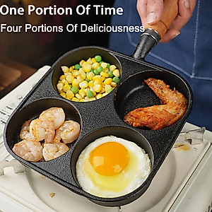 JUSTUP Nonstick Frying Pan,4-Cup Cast Iron Egg Pan Divided Grill Pan with Wooden Handle,Breakfast Skillet Omelet Pan for Egg,Steak and Burgers (Black)