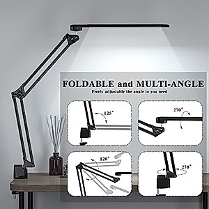 LED Desk Lamp with Clamp, OZAPZ 12W LED Clamp Light with 5 Color Temperatures, Stepless Dimmer, Metal Clamp Lamp with 360 Degree Swing Arms, Clamp Desk Lamp for Work, Living Room, Sewing, Craft(Black)