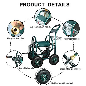 AESRAOU Industrial Hose Reel Cart - Garden Heavy Duty Hose Reel with 4 Rubber Wheels, Holds 328-Feet of 5/8" Hose Capacity for Outside Garden & Yard