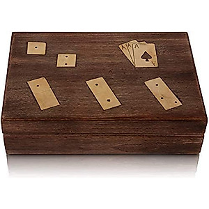 Great Gift Ideas Wooden Playing Card Box with 5 Dice & 28 Dominoes Tiles Game Set Deck Pack Case Holder Storage Accessories Organizer with Playing Cards Classic Table Game