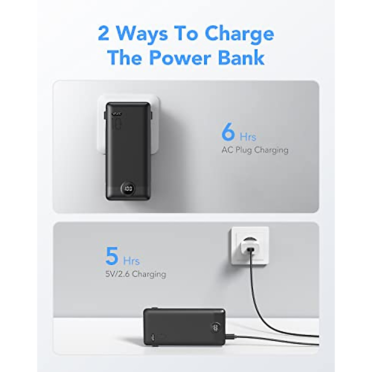 Portable Charger with Built-In Cables and AC Wall Plug,VRURC 10000mAh Phone Charger,5 Output & 2 Input LED Display External Battery Pack,Ultra Slim USB C Power Bank Compatible with Smart Devices-Black