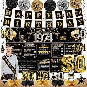 50th Birthday Decorations for Men Women, 21pcs Back in 1974 Banner Party Supplies, Black Gold 50 Year Old Birthday Backdrop, Vintage 50 Birthday Honeycomb Centerpiece Hanging Swirls Balloon Sash Gifts