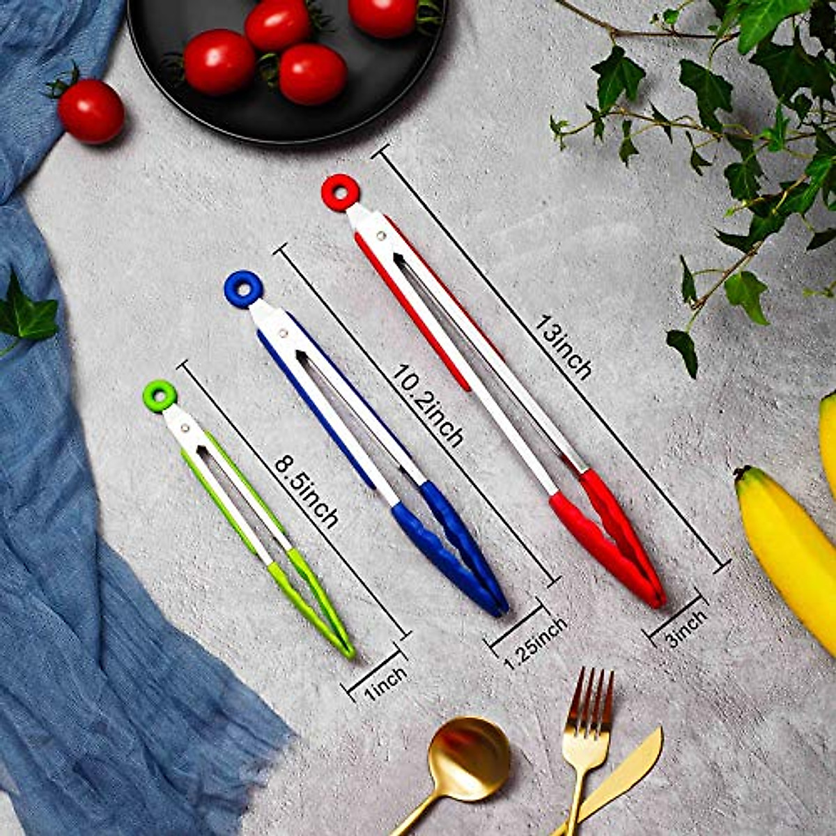 Hot Target Set of 3: 7, 9, 12 inches, Heavy Duty, Non-Stick, Stainless Steel Silicone BBQ and Kitchen Tongs. Heat resistant up to 600°F (Multicolor)