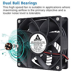 GDSTIME High Airflow 24V 120mm x 120mm x 38mm Dual Ball Bearing 5 Inch Brushless Cooling Fan