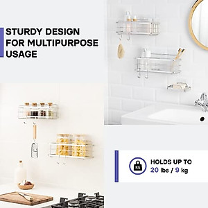 KINCMAX Shower Caddy and Soap Holder, Rustproof SUS304 Stainless Steel, Adhesive Wall Mount Double Baskets 2-pack with Hooks (Polished Silver)