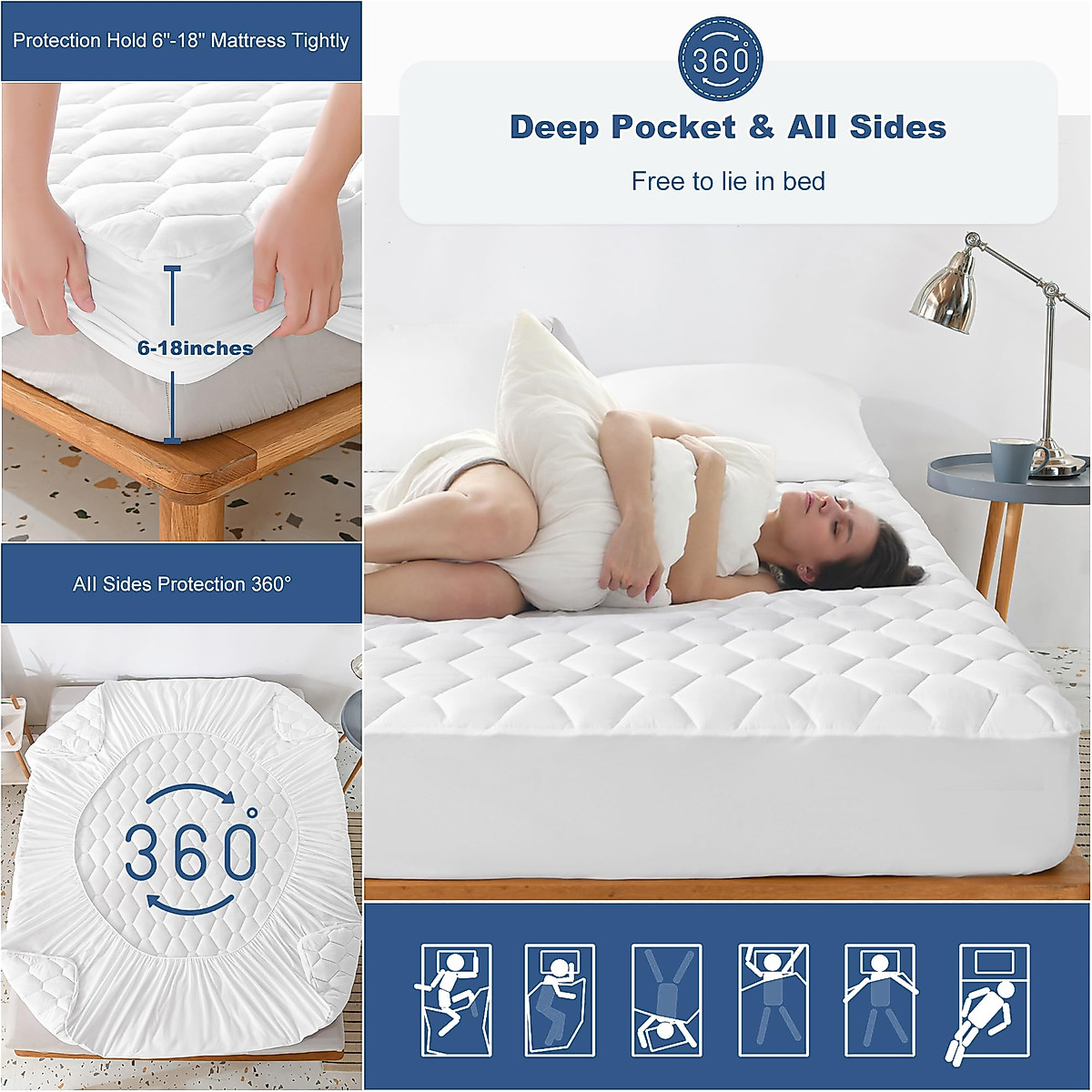 GRT Full Size Quilted Fitted Mattress Pad, 100% Waterproof Breathable Mattress Protector, Noiseless Hollow Cotton Mattress Topper, fits up to 18" Deep, Dust Proof