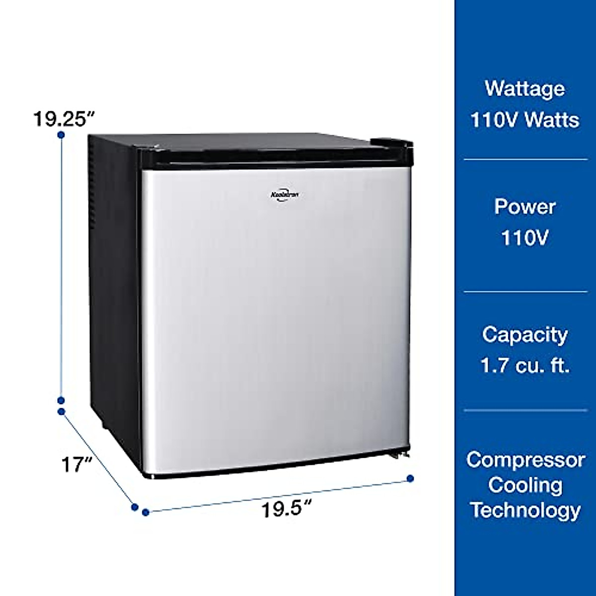 Koolatron Stainless Steel Compact Fridge with Freezer, 1.6 Cubic Feet (44 L) Capacity, Silver and Black, for Snacks, Frozen Meals, Beverages, Juice, Beer, Den, Dorm, Office, Games Room, or RV