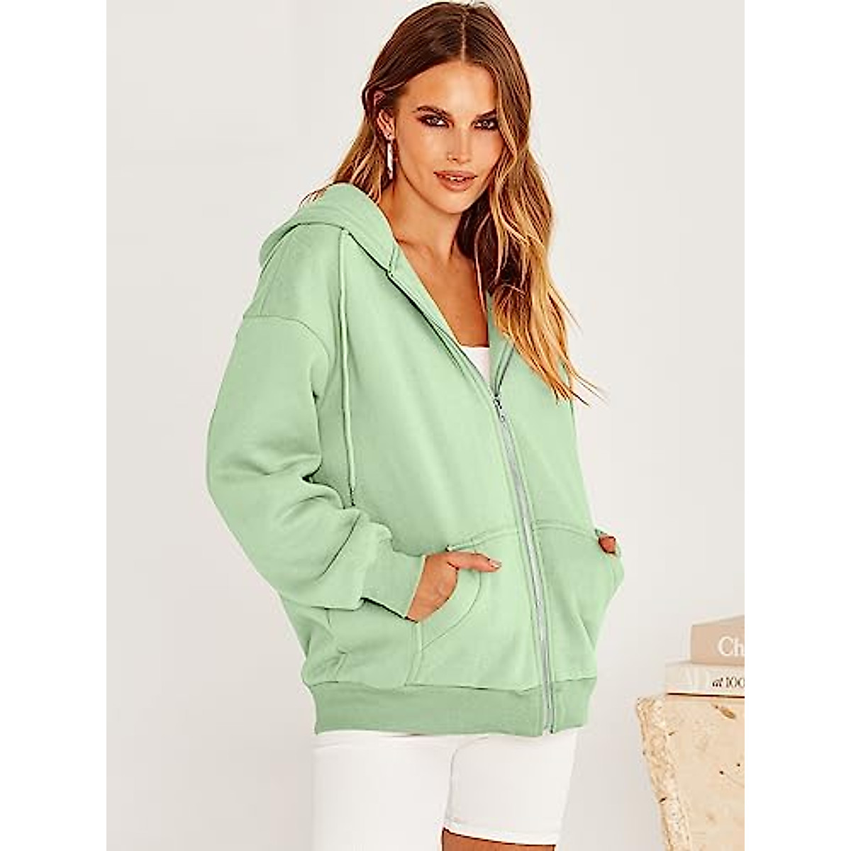 Prinbara Women's Cute Tops 2023 Outfits Teen Girl Jacket Sweater Long Sleeve Sweatshirts Casual Tops Zip Up Trendy Clothes Light Green 9PA89-doulv-L