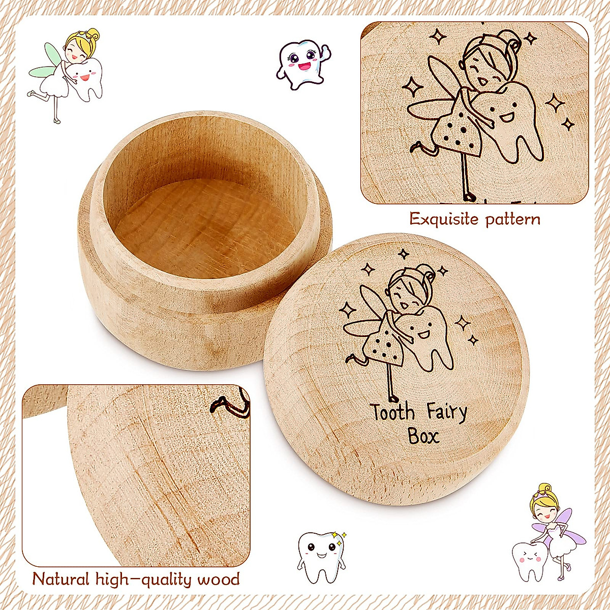 Tooth Fairy Box for Boys and Girls Wooden Baby Teeth Fairy Holder for Kids Tooth Storage and Saver Box Toothfairy Keepsake Organizer with Bottle and Tweezers for Lost Teeth Baby Shower Birthday Gift