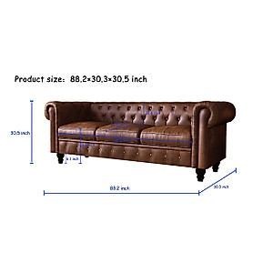 Lunanniu 88.2 Inch Classic Chesterfield Style PU Leather Sofa Rolled Arms Couch with Tufted Back Solid Wood Legs 3-Seater Couch for Living Room Elegant and Timeless Design Comfortable Seating Brown