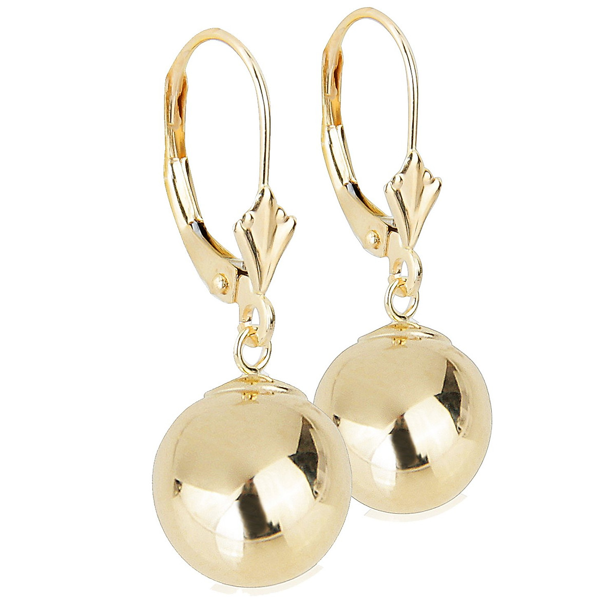 14k Yellow Gold Drop Earrings with Round Gold Ball (Lever back Ball Earrings, Balls Available in 5-8 mm) (5 mm)