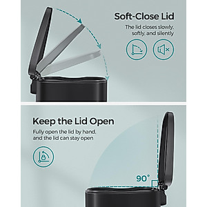 SONGMICS 13 Gallon Trash Can, Stainless Steel Kitchen Garbage Can, Recycling or Waste Bin, Soft Close, Step-On Pedal, Removable Inner Bucket, Black ULTB050B01