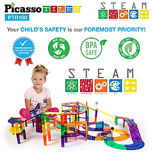 PicassoTiles 100 PCs Race Car Track Set Magnetic Toy Building Block with 2 LED Cars with Height Adjustable Roads Signs Education STEM Building Kit Learning Construction Fun for Boys & Girls Ages 3+
