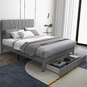 Giantex Upholstered Queen Bed Frame with Drawer, Modern Platform Bed with Storage & Adjustable Headboard, Wooden Slat Support Mattress Foundation, No Box Spring Needed, Noise Free