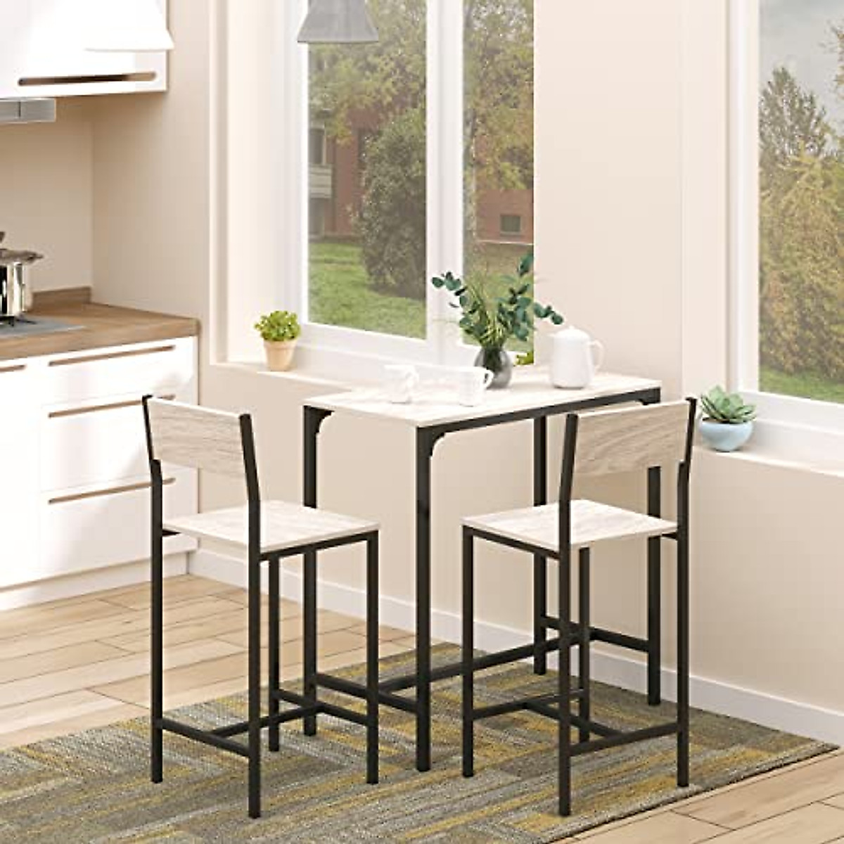 HOMCOM 3 Piece Industrial Bar Table Set, Counter Height Kitchen Dining Set with Bar Stool for Small Space, for Dining Room, Living Room, Apartment