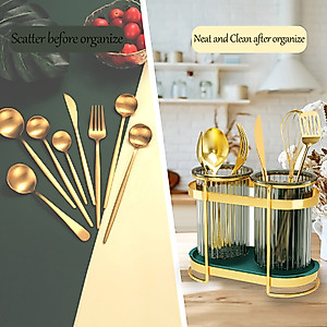 Zarnicy Kitchen Utensil Holder for Countertop - Cooking Utensils Silverware Caddy Organizer, Flatware Storage Cutlery Crock, Upgraded 2-Cups Drying Utensil Container With Drain Tray