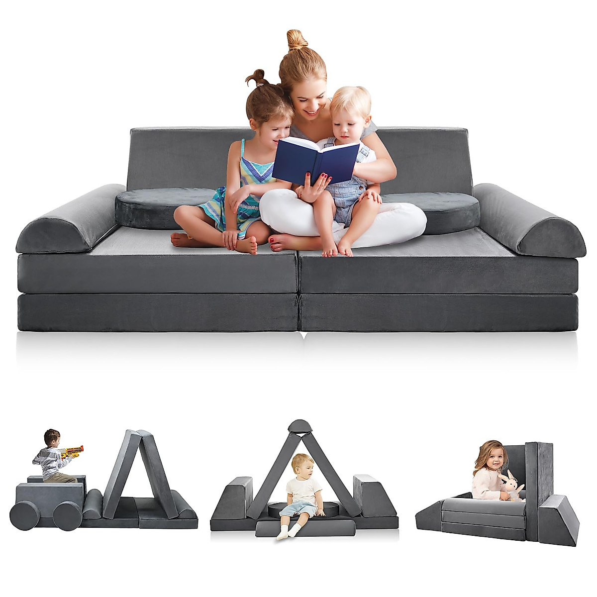 Esazn Kids Couch 10PCS Toddler Couch Kids Sofa, Modular Kids Play Couch, Nugget Couch Fold Out Couch Convertible Sofa Multifunctional Foam Play Couch for Playroom Bedroom, Small, Grey