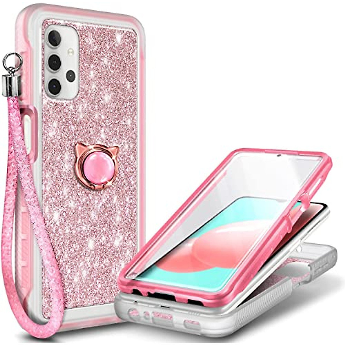 NGB Supremacy Compatible with Samsung Galaxy A23 4G/5G Case, Full Body Protection with [Built-in Screen Protector] Ring Holder/Wrist Strap, Slim Fit Shockproof Bumper Durable Cover (Rose Gold)