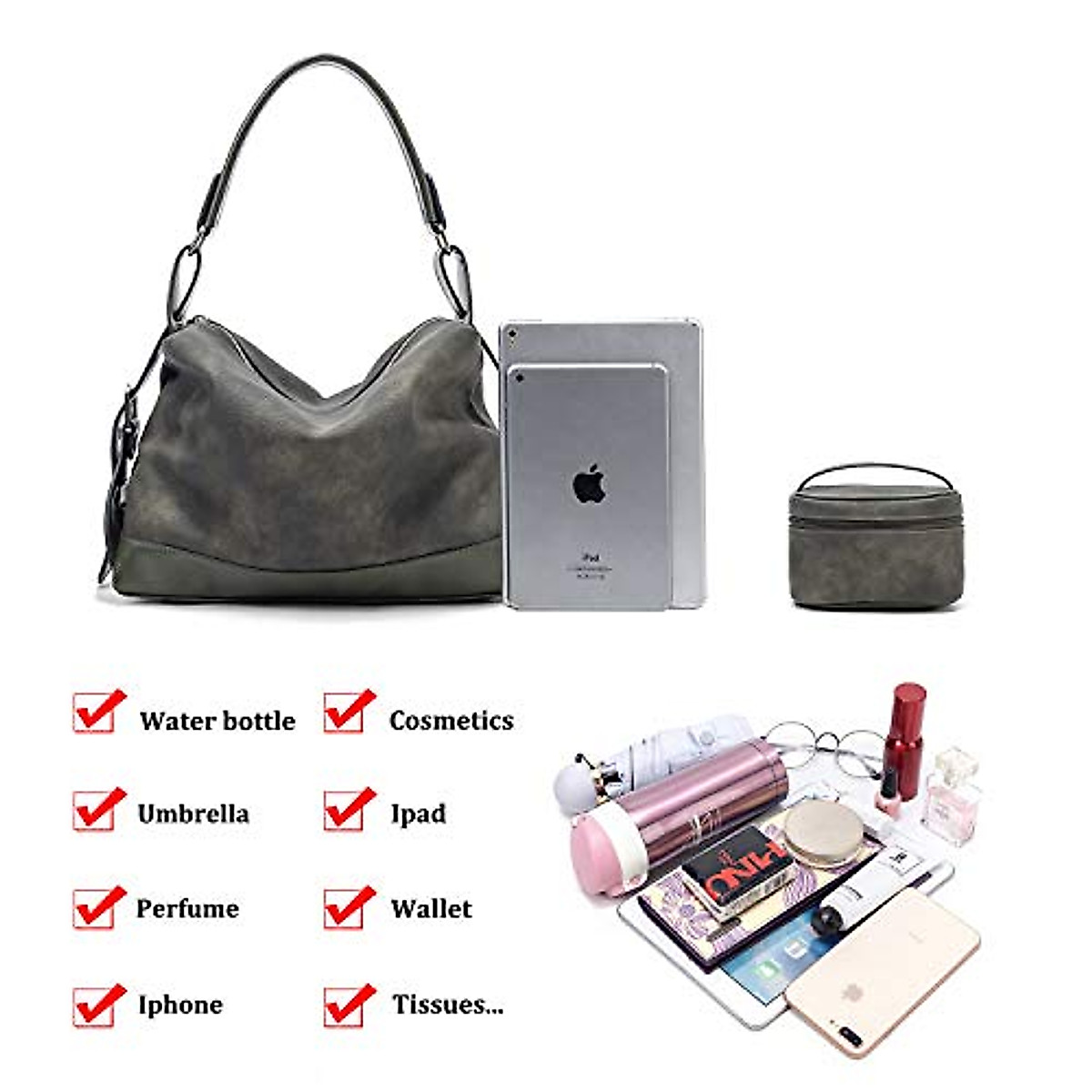 Women Hobo bags for Women Leather Purse Shoulder Handbags Crossbody Bag Grey Green XL