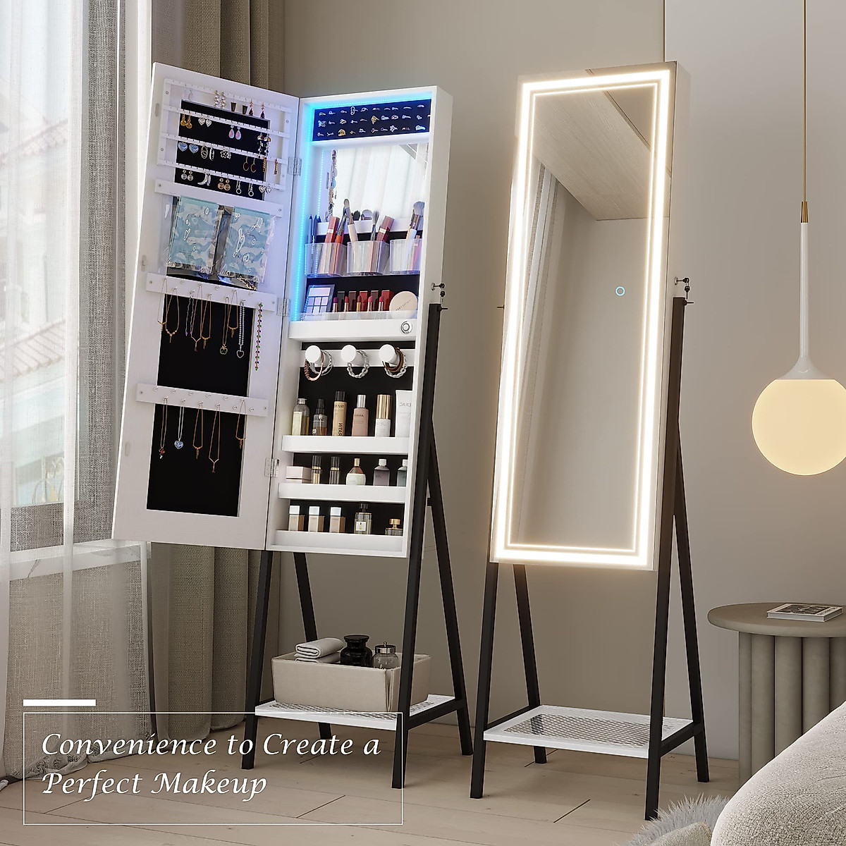 Vlsrka Mirror Jewelry Cabinet Standing with LED, Jewelry Mirror Full Length with Built-in Makeup Mirror & Lights, Large Jewelry Armoire Cabinet for Earrings Necklaces Cosmetic (White)