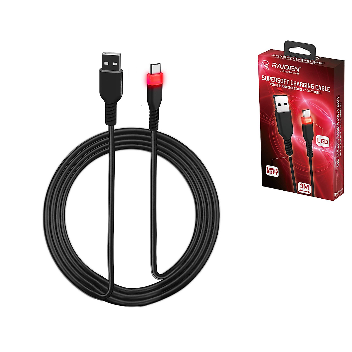 Raiden - USB C Charging and Transfer Cable, Supersoft Anti Knots 3 Meters, LED Backlight for PS5 Controller (PS5//)