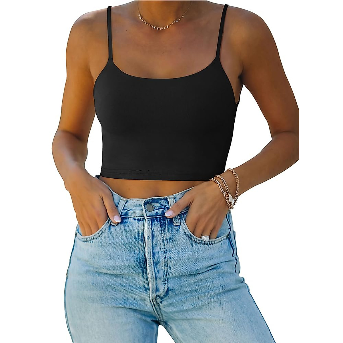 REORIA Women's Summer Sexy Sleeveless Adjustable Spaghetti Strap Cami Camisole Basic Fitted Seamless Yoga Cropped Tank Cute Crop Tops Black Medium