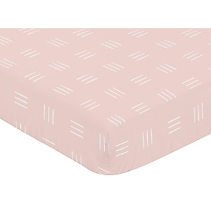 Sweet Jojo Designs Pink Boho Mudcloth Girl Fitted Crib Sheet Baby or Toddler Bed Nursery - Light Blush and White Bohemian Woodland Tribal Southwest Mud Cloth Hatch Triple Line Girl Shabby Chic