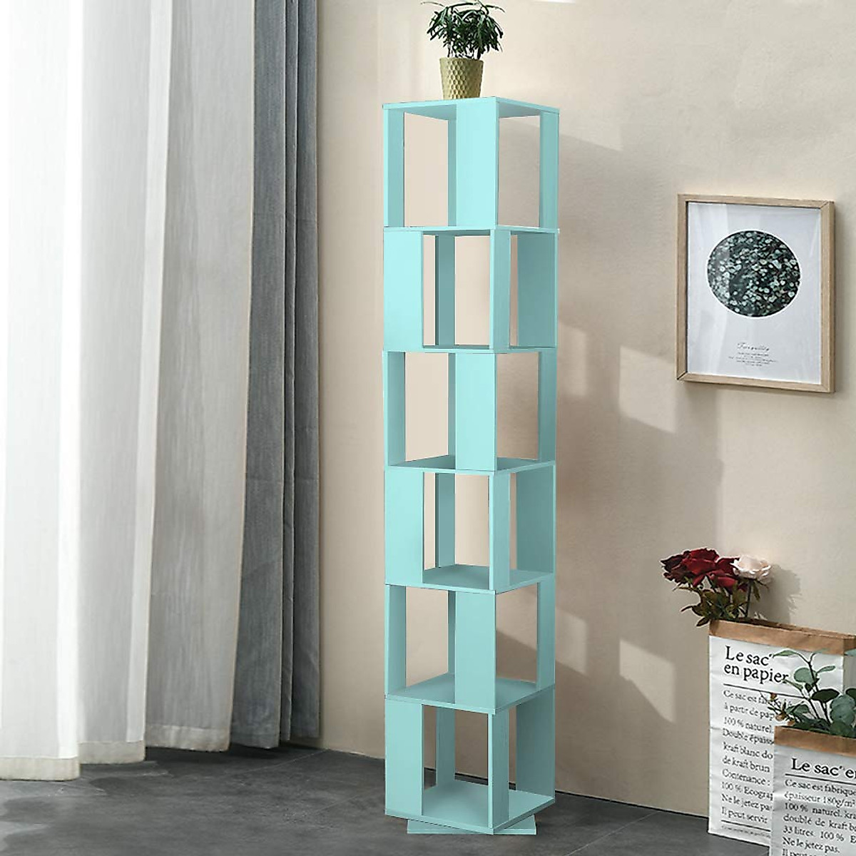 QIHANG-US 6 Tier Wooden Bookcase Corner Tall Book Shelf Modern 360° Rotating Storage Display Rack Floor Standing Shelves with Open Design Shelving Unit for Home Office Living Room Study, Blue