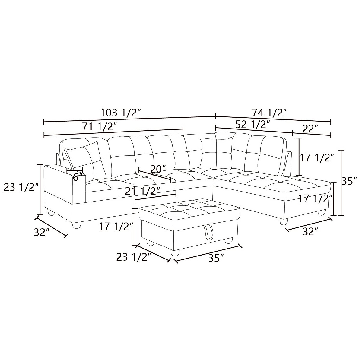Caberryne Sectional Couch for Living Room Furniture Sets,Black Leather Sectional Sofa L Shape Couch with Chaise and Storage Ottoman for Living Room/Apartment/Office（Facing Right Chaise）