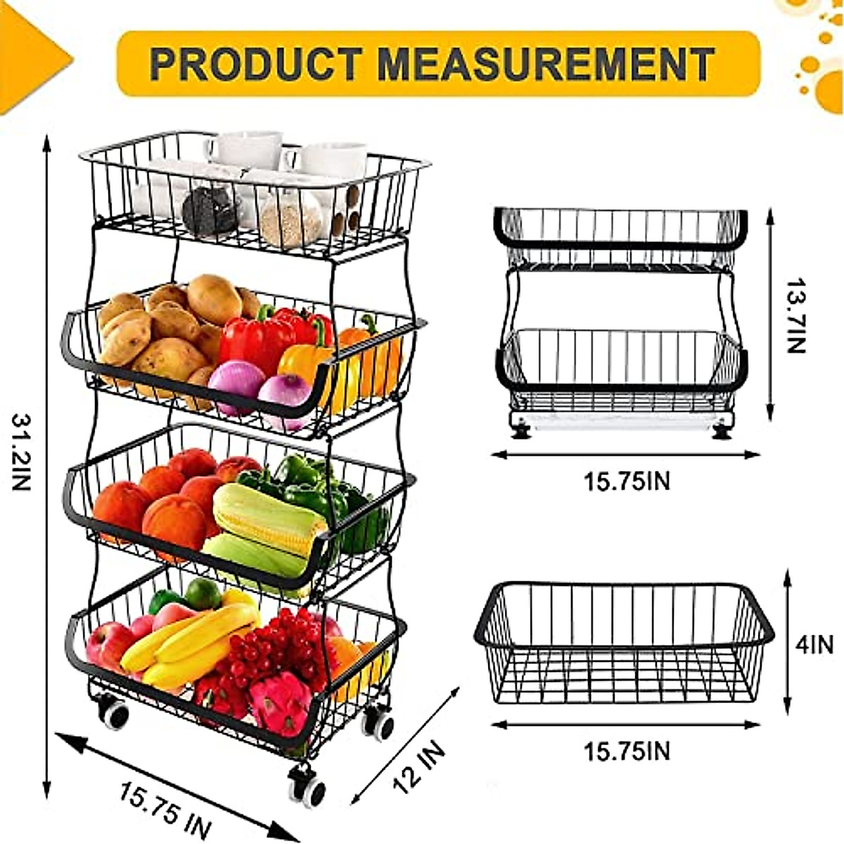 Loyaltaling Utility Cart, Kitchen Storage Cart Fruit Vegetable Storage Basket for Kitchen 4 Tier Stackable Metal Wire Baskets Cart with Rolling Wheels Utility Fruits Rack Produce Snack Organizer Bins