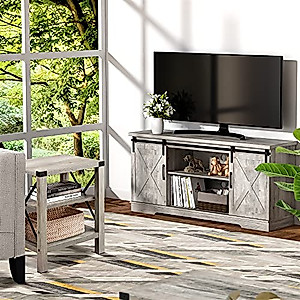 IDEALHOUSE Farmhouse TV Stand for 65 inch TV, Farmhouse Entertainment Center, Sliding Barn Door TV Stand, 58 inch TV Console Table, Home Living Room Wood TV Stand with Movable Shelf, Grey