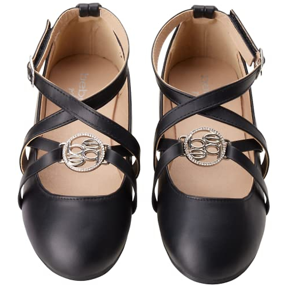 bebe Girls' Dress Shoes - Strappy Ballet Flats with Rhinestone Medallion (Little Girl/Big Girl), Size 1 Little Kid, Black