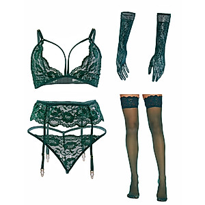 Women Lingerie with Stockings and Gloves,Garter Belt Lingerie Set Green M