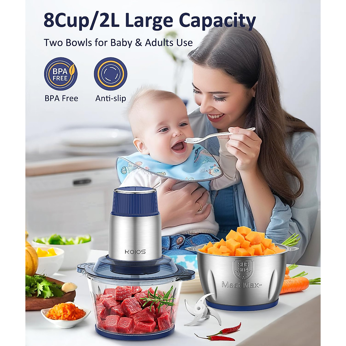 KOIOS Small Food Processor with 2 Bowls (8 Cup+8 Cup) & 2 Sets Bi-level Blade, 2L Electric Food Chopper Meat Grinder for Meat/Vegetable/Fruits/Nuts/Baby Food, 500W, 2 Speed Modes