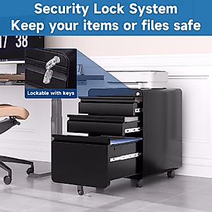 AFAIF 3 Drawer Mobile Locking File Cabinet,Metal Filing Cabinets for Home Office,Small Rolling File Cabinet Under Desk Office Drawer Storage Cabinet fits Letter/Legal/A4 Size,Black