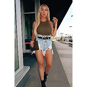 OQQ Women's 3 Piece Bodysuits Sexy Ribbed One Piece Sleeveless Halter Neck Bodysuits Black Coffee White