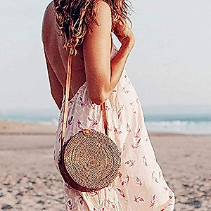 Kbinter Handwoven Round Rattan Straw Bag for Women Shoulder Leather Button Straps Natural Chic Handmade Boho Bag Bali Purse (1 Pack)