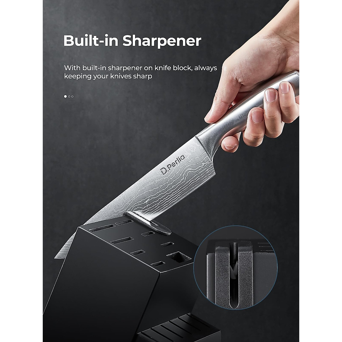 D.Perlla Kitchen Knife Set 15 Pieces, Knife Set with Block and Sharpener, High Grade Stainless Steel Kitchen Knife Set, Steak Knives, Scissors for Chopping, Slicing, Dicing, Sharp and No Rust