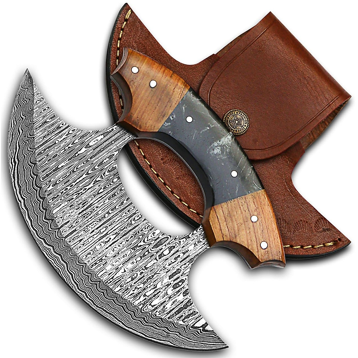 SHANZAY KNIVES SK Damascus ulu knife with leather sheath,6" pizza cutter with wooden handle for stable grip,Alaskan Ulu Knife Used For Multi-Purpose And gifting Its promise to make you happy!