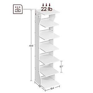 VASAGLE 7 Tier Vertical Shoe Rack, Narrow Shoe Storage Organizer with Hooks, Slim Wooden Corner Shoe Tower Rack, Robust and Durable, Space Saving for Entryway and Bedroom, White ULBS200T14
