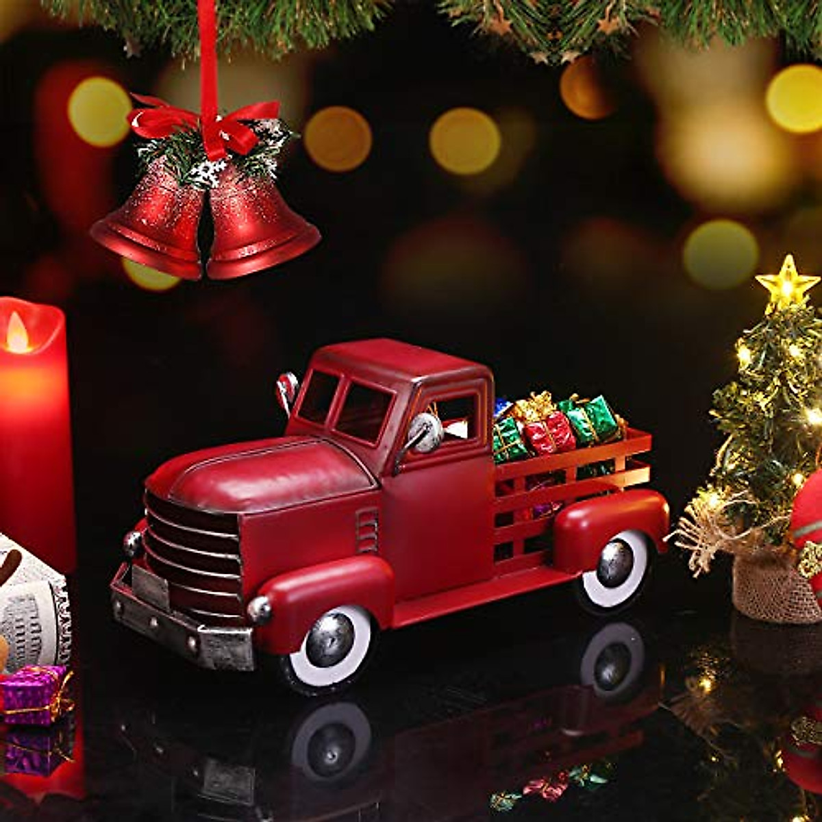 Pylemon Vintage Red Truck Christmas Decor with a Lit-up Removable Christmas Tree Wrapped Around by LED Lights String, Farmhouse Metal Pickup Truck Decor, Great Gift for Holiday Decorations