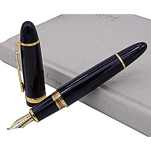 Jinhao 159 Fountain Pen, Fude Pen Bent Nib, Black Lacquer Gold Trim Big Heavy Pen with Pouch and Ink Converter