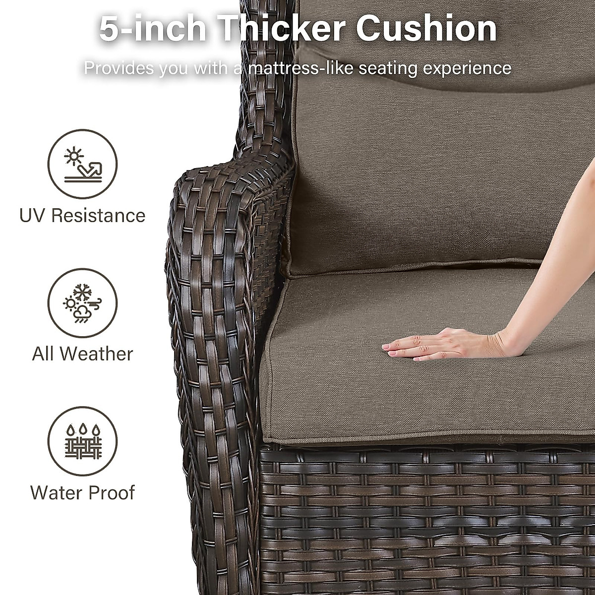 Artfurniz Outdoor Swivel Rocker Patio Chairs with 5" Thick Cushion - 3 Piece Wicker Bistro Set with Side Table, High Back Comfty Outdoor Glider Chairs for Balcony, Porch, Deck, Poolside - Brown/Gray