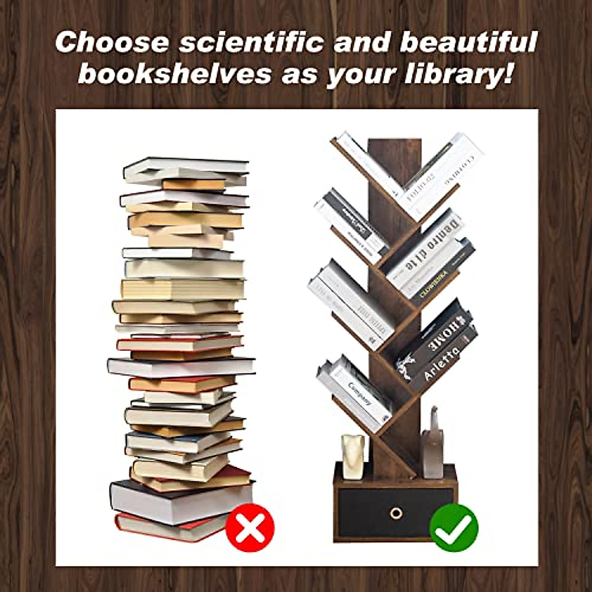 LAZYLAND Brown Bookshelf with Drawer, 6-Tier Floor Standing Tree Bookshelf, for CDs/Movies/Books, Utility Organizer Shelves for Home Office, Bedroom, Living Room