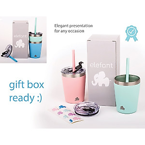 ELEFANT Kids & Toddler Cups (SET of 2), Stackable Stainless Steel Insulated Tumblers with BPA FREE Leak Proof Lids and Reusable Silicone Straws, Elegant, Powder Coated (BLUE + PURPLE)