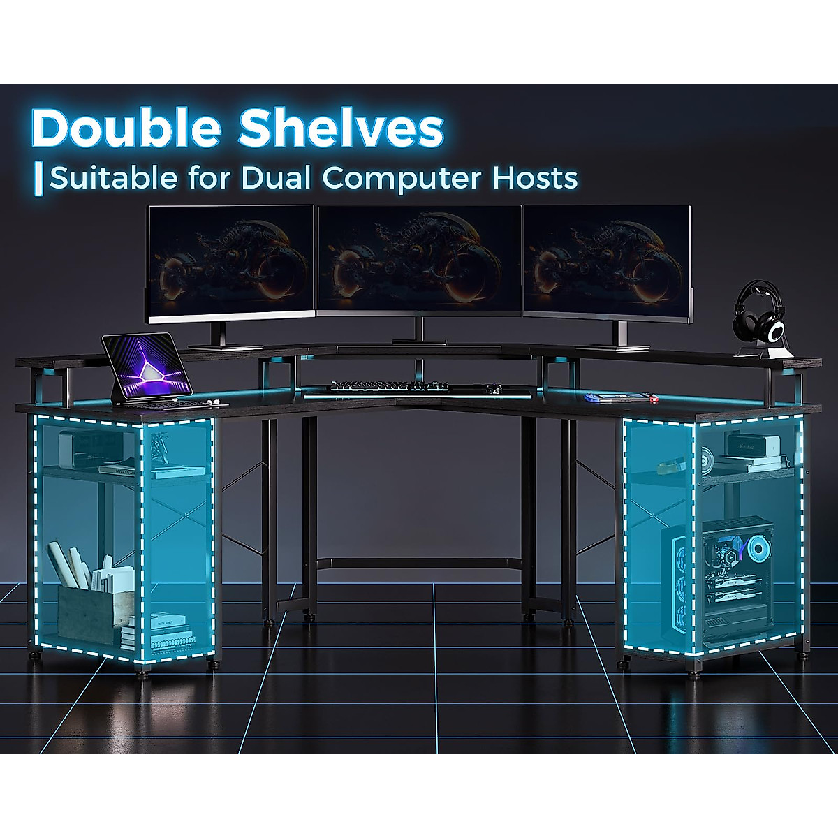 Coleshome L Shaped Gaming Desk with LED Lights & Power Outlets, Reversible 56" Computer Desk with Full Monitor Stand & Storage Shelves, Ergonomic Home Office Corner Desk, Black