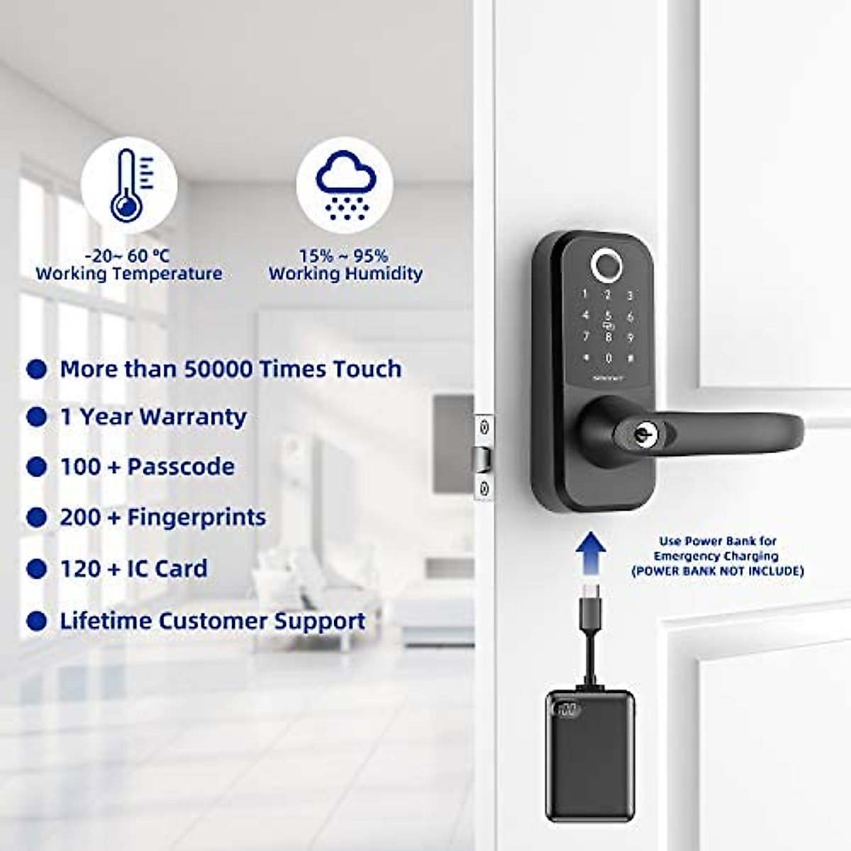 Smart Lock,SMONET Fingerprint Door Lock with Keypad,Keyless Entry Door Lock with Handle,Wireless Electronic Bluetooth Digital Auto Door Lock with Free APP Key Fob Passcode,Smart Locks for Front Door