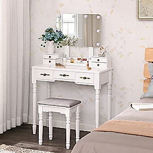 BEWISHOME Vanity Desk with Mirror and Lights, Makeup Vanity with Lights, Vanity Table with 8 LED Bulbs & 3 Colors Lighting, White Vanity Set with 7 Drawers & Stool, Dressing Table Makeup Desk FST13W