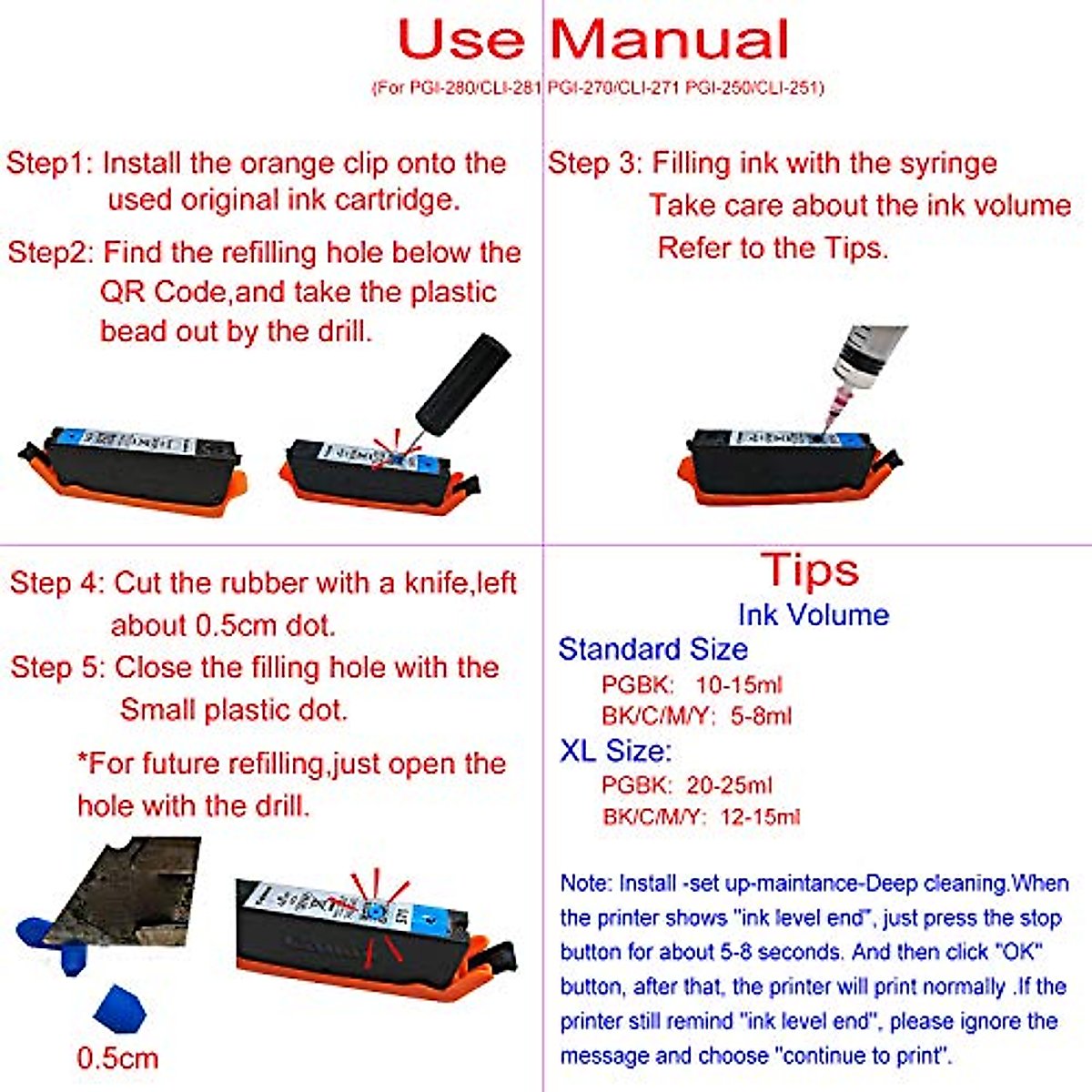 HEMAINK 5x100ml Bottles Ink and Ink Refill Tools Compatible for Canon PGI-280 CLI-281 PGI-280XXL CLI-281XXL for Pixma TS6220 TR8520 TS9520 TS6120 TR7520 TS9521C TS6320 TS702 Printer